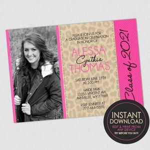 Leopard & Pink Graduation Photo Invitations - EDITABLE INSTANT DOWNLOAD ...