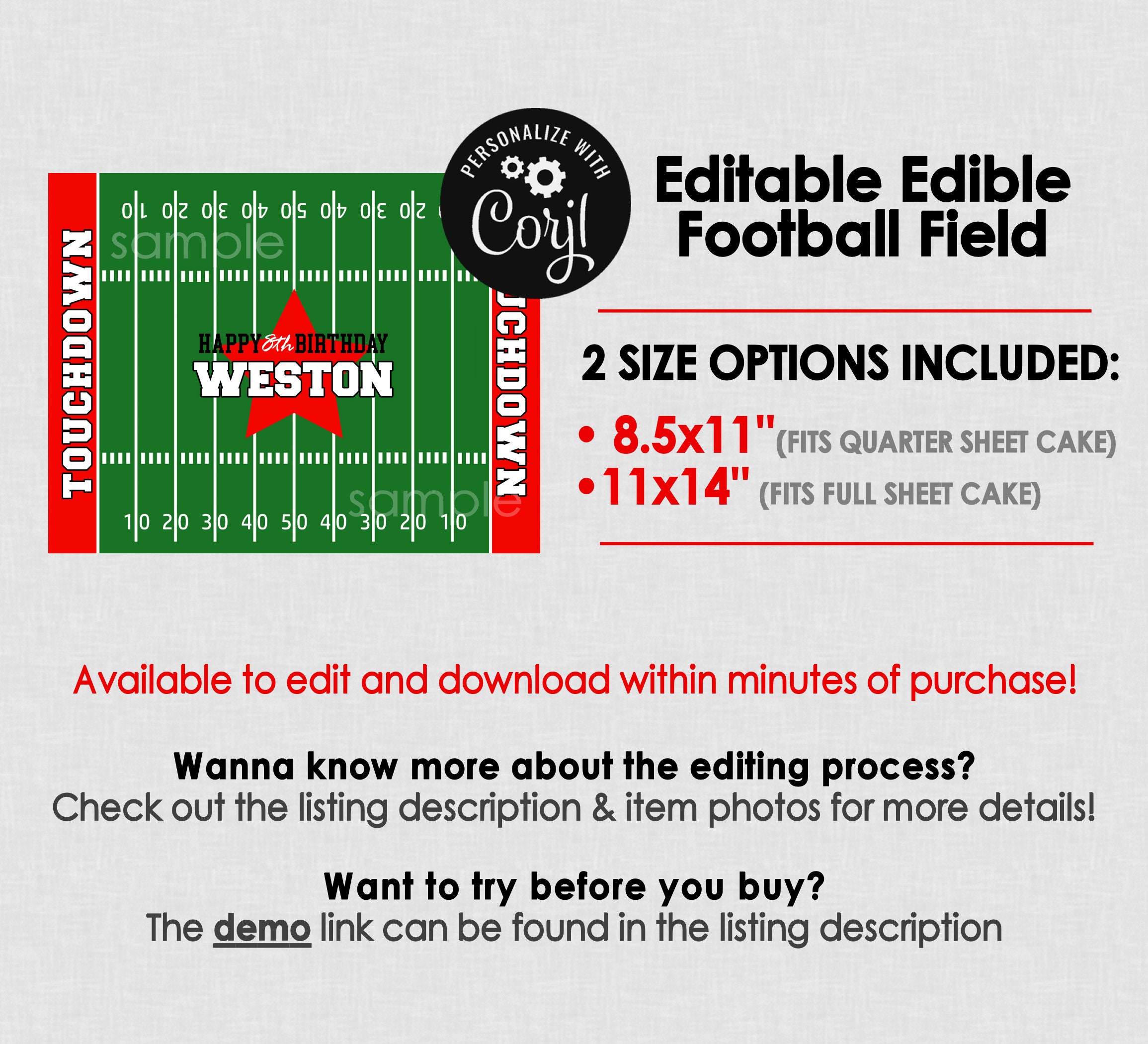 Editable Edible Football Field Personalized Birthday Cake Topper ...