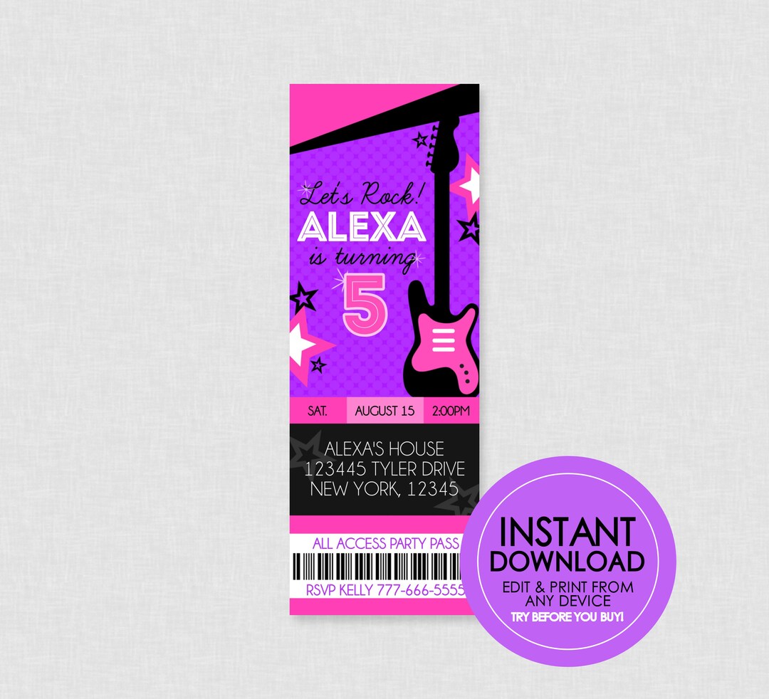 Girl Rockstar Ticket Birthday Invite - EDITABLE INSTANT DOWNLOAD - Girl ...
