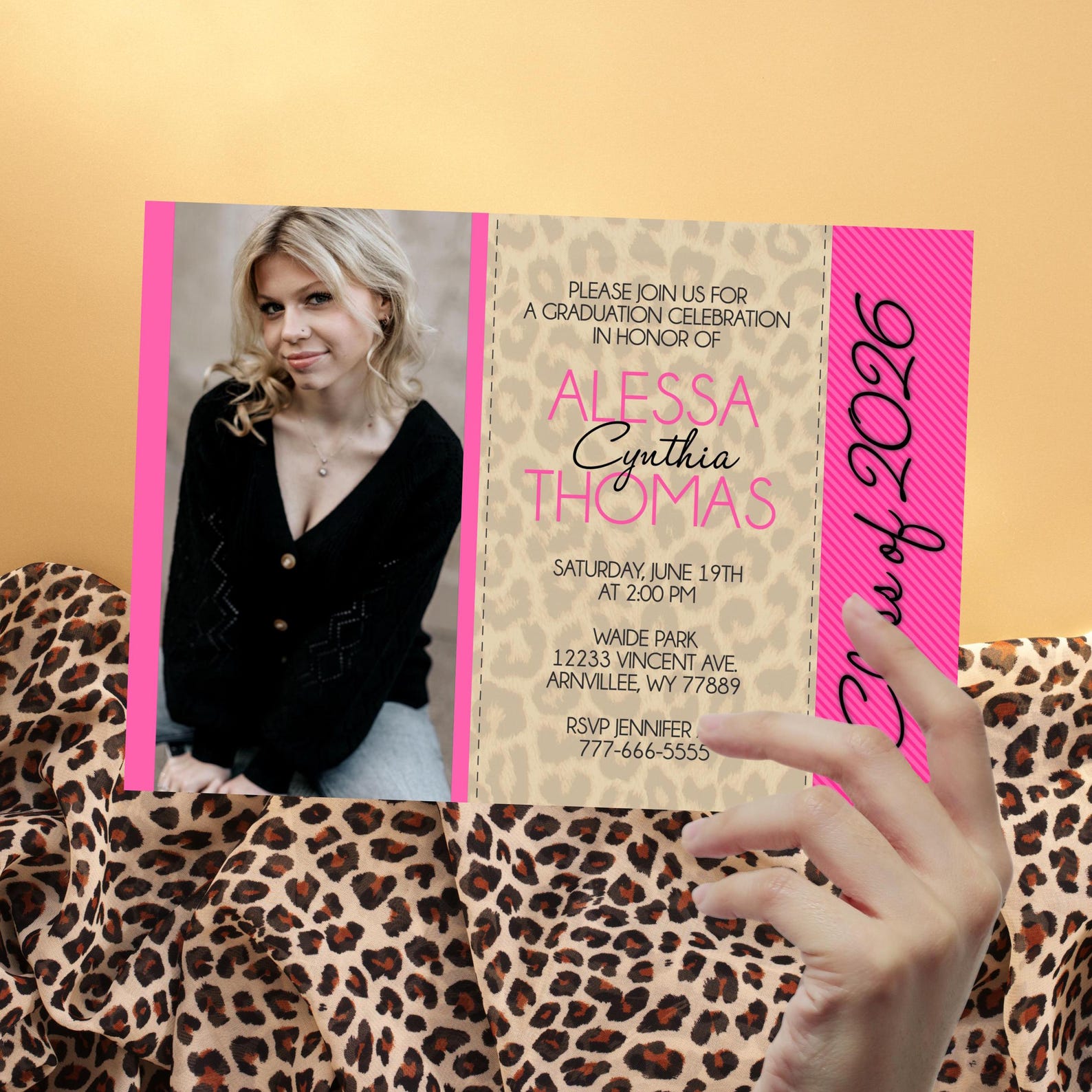 Leopard & Pink Graduation Photo Invitations - EDITABLE INSTANT DOWNLOAD ...