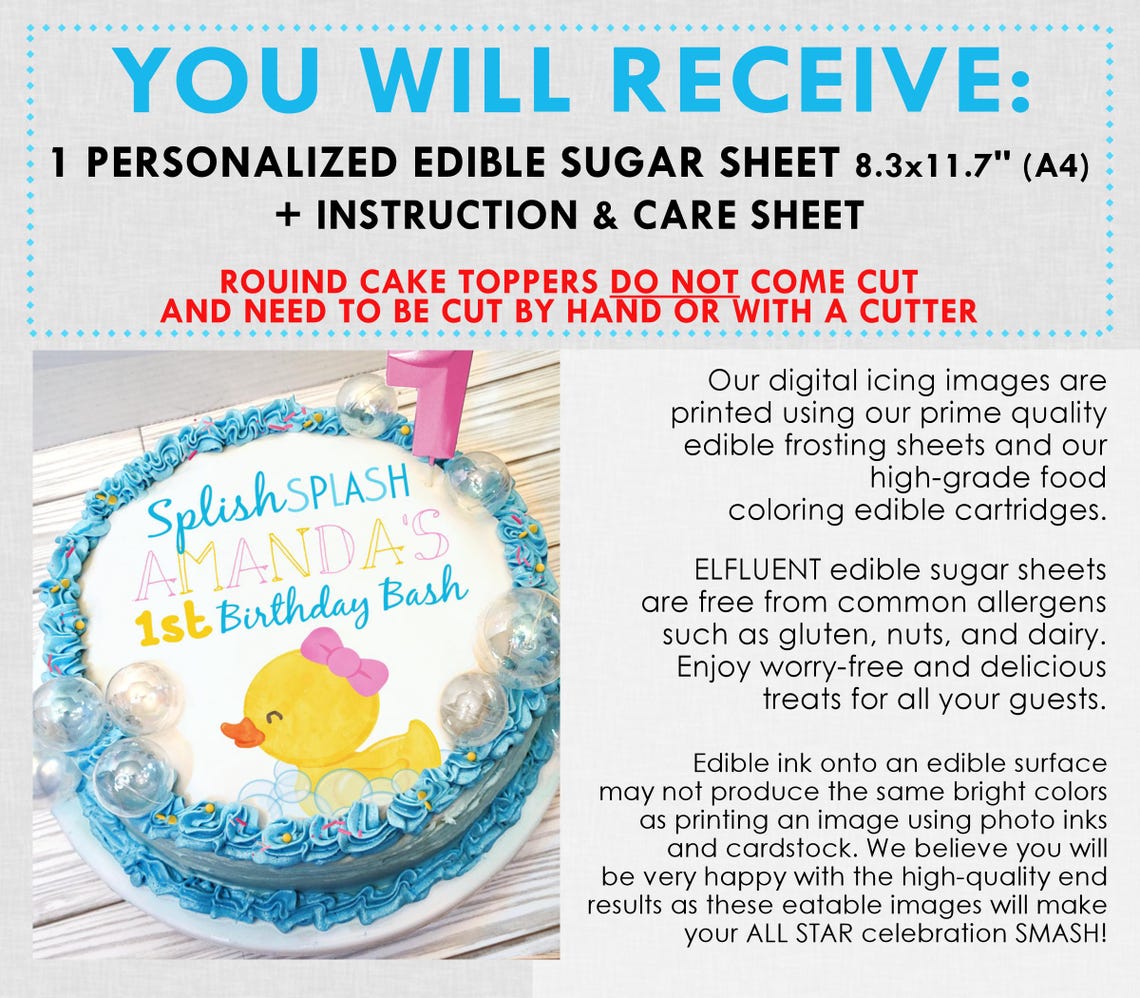 Edible Rubber Duck Birthday Round Cake Topper Sugar Sheet - Duck 1st ...