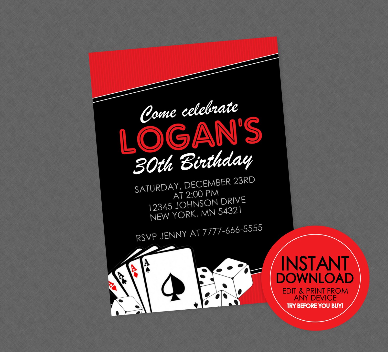 Casino Party Invitation - EDITABLE INSTANT DOWNLOAD - Casino Birthday ...
