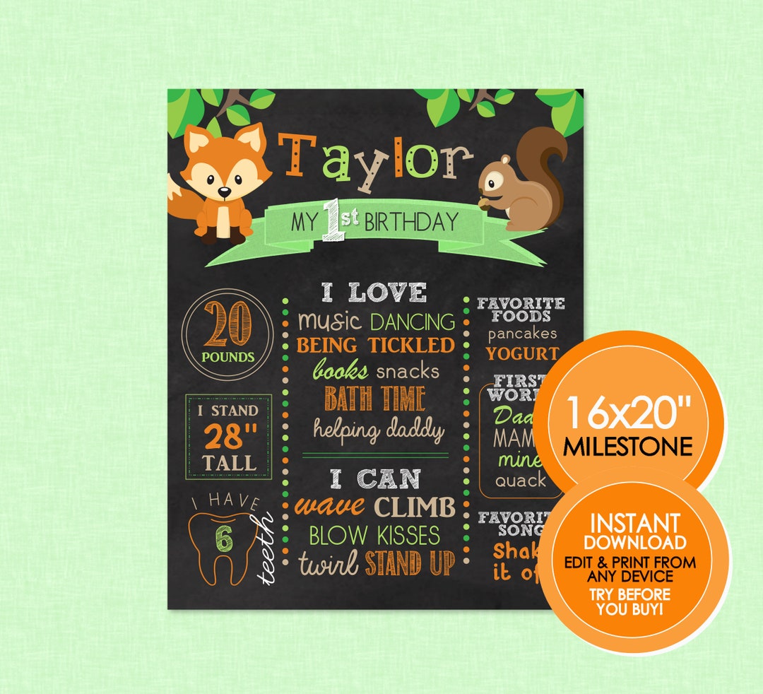 Woodland Birthday Milestone Chalkboard - EDITABLE INSTANT DOWNLOAD ...