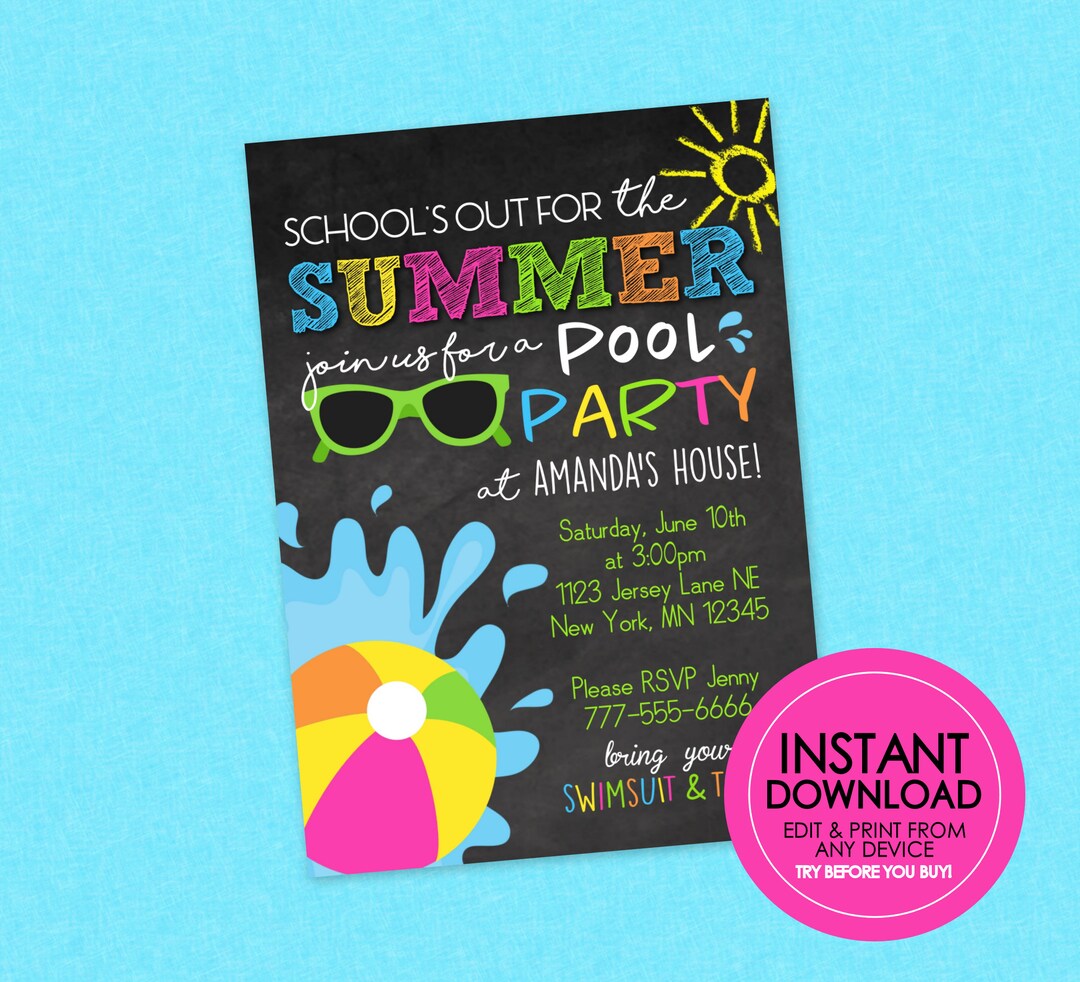 School is Out Summer Pool Party Chalkboard Invitation EDITABLE INSTANT ...