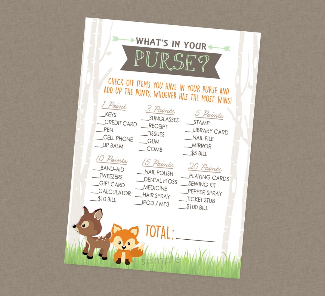 Woodland What's in Your Purse Baby Shower Game - INSTANT DOWNLOAD ...