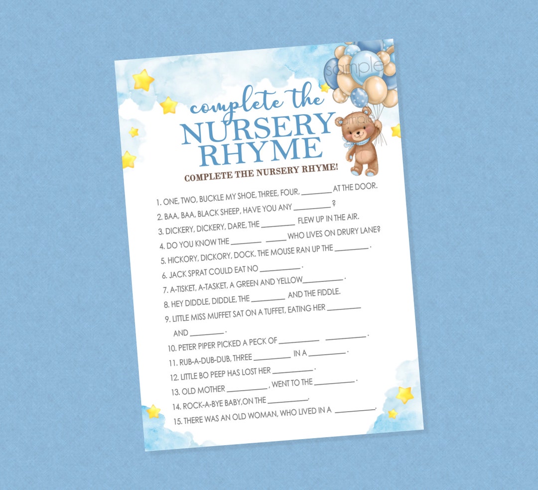 Bear Nursery Rhyme Baby Shower Game - INSTANT DOWNLOAD - Bear Baby ...