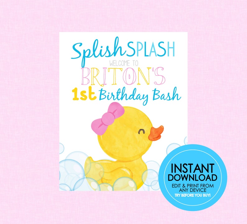 Rubber Duck Birthday Welcome Sign EDITABLE INSTANT DOWNLOAD - Etsy