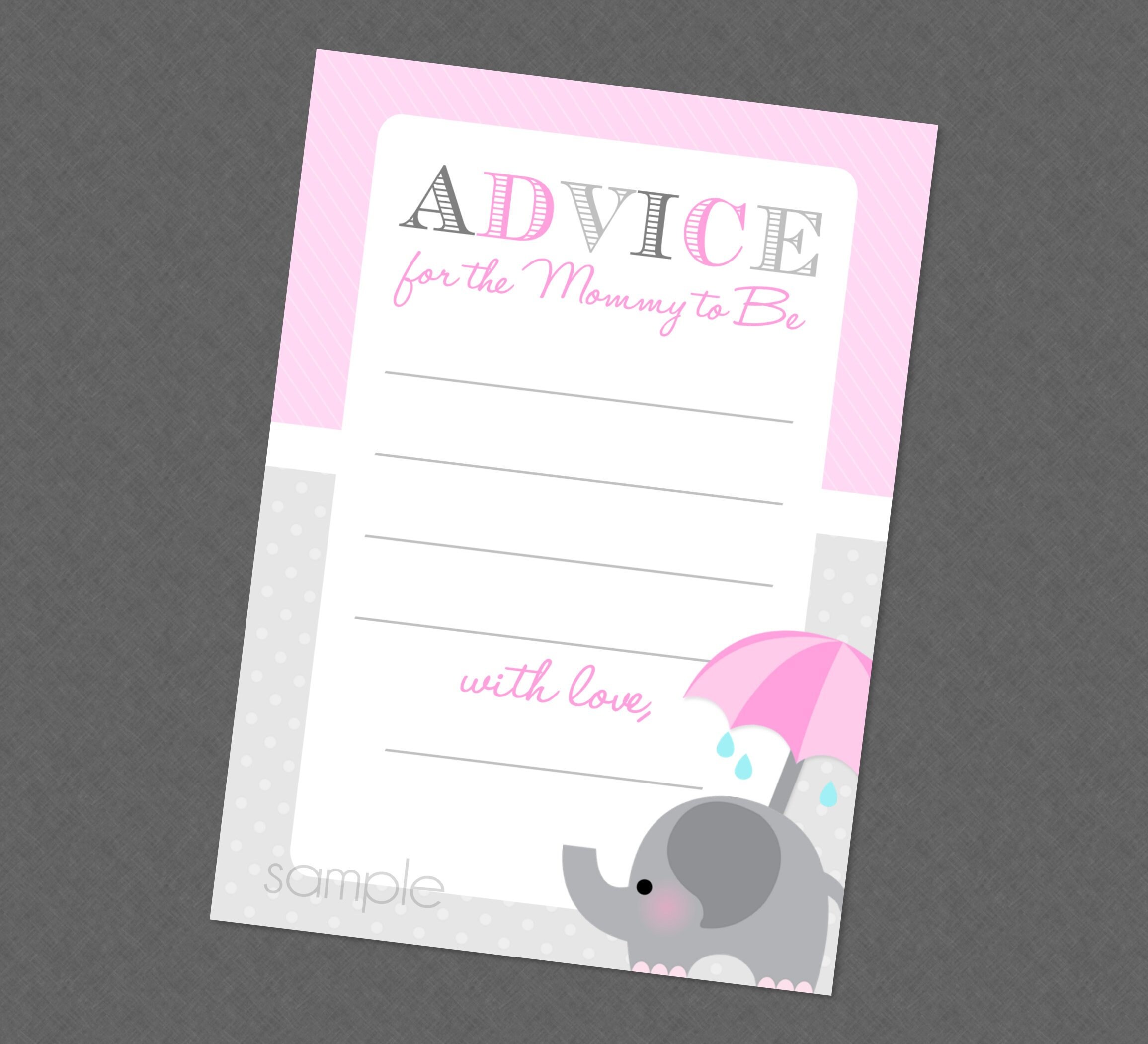 Elephant Baby Shower Advice for Mommy Printable Cards | Etsy