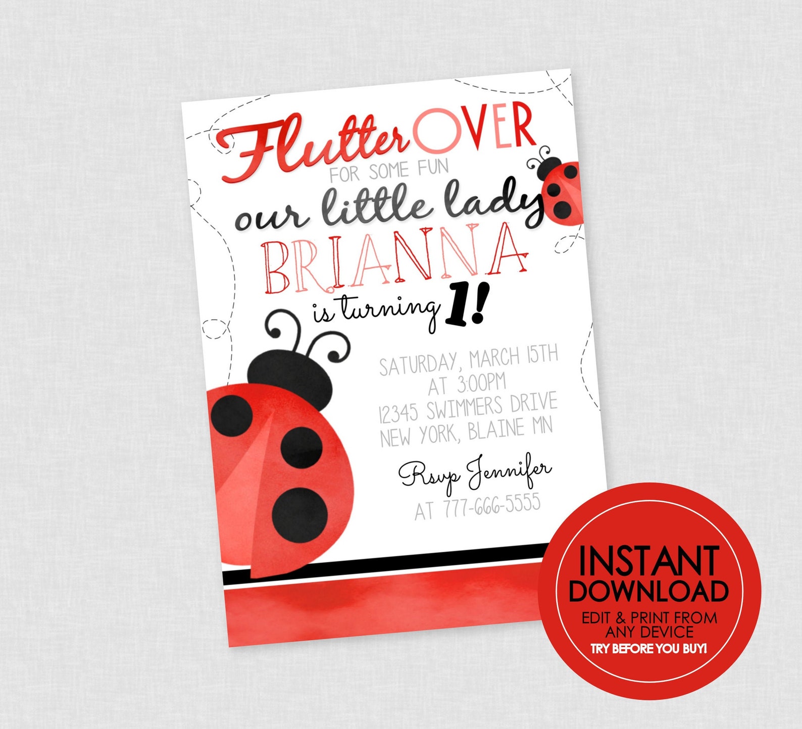 Ladybug Birthday Invitation - INSTANT DOWNLOAD - Edit & Print From Any ...