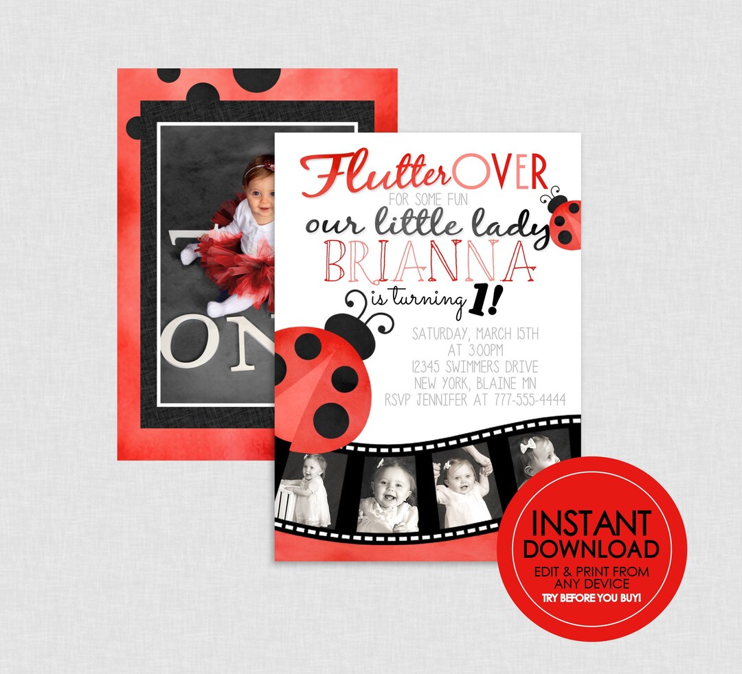 Ladybug Photo Birthday Invitation - EDITABLE INSTANT DOWNLOAD - Ladybug ...