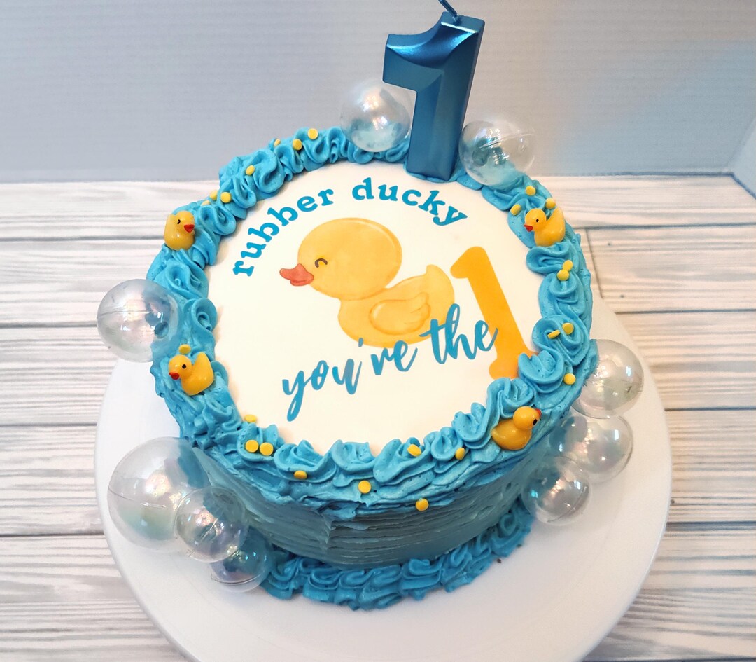 Edible Rubber Duck Birthday Round Cake Topper Sugar Sheet - Duck 1st ...