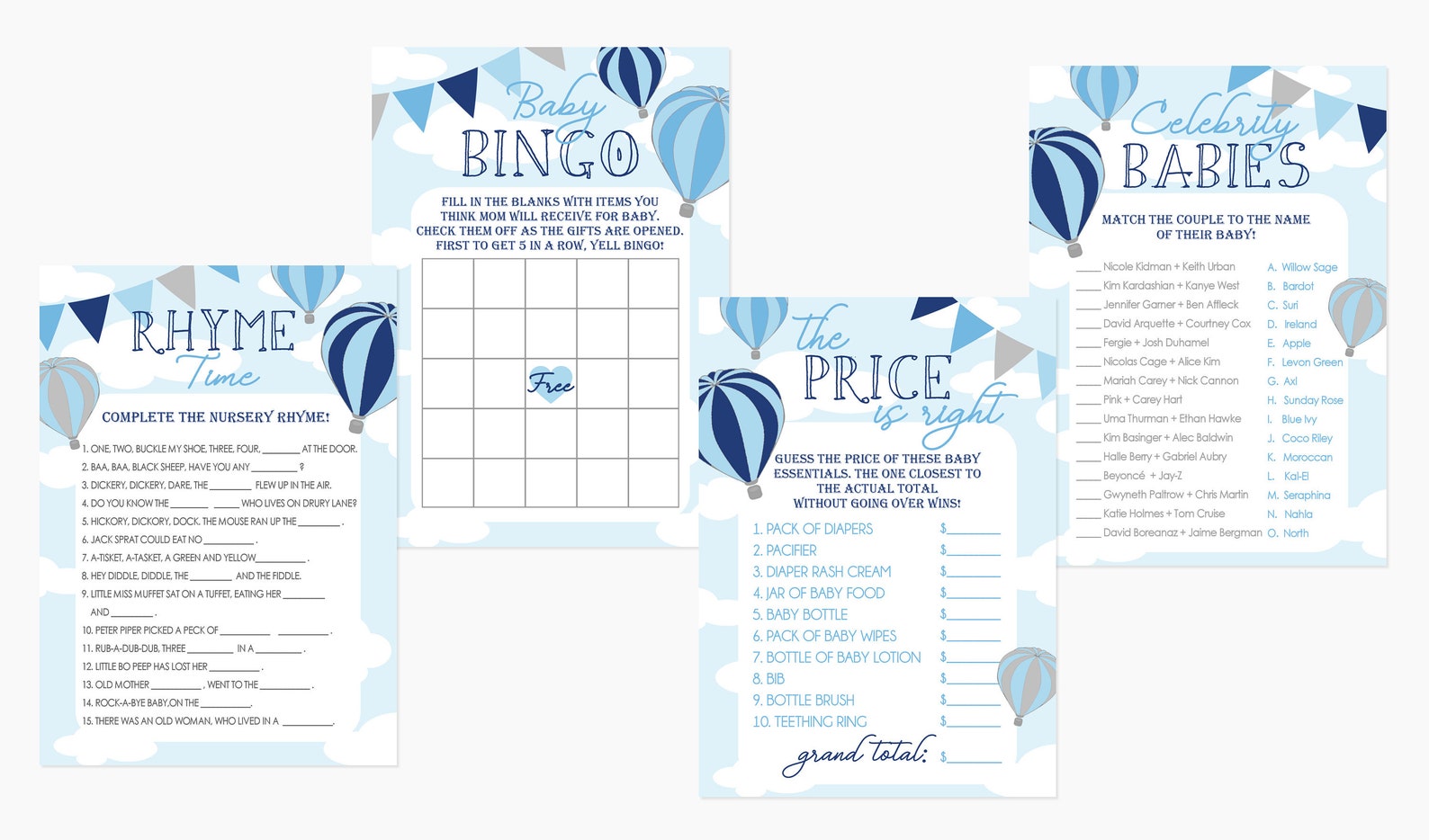 Blue Balloon Baby Shower Game Pack - INSTANT DOWNLOAD - Balloon Shower ...