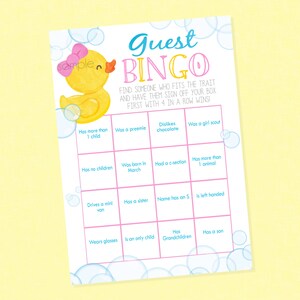 Girl Rubber Duck Guest Bingo Baby Shower Game - INSTANT DOWNLOAD - Duck ...