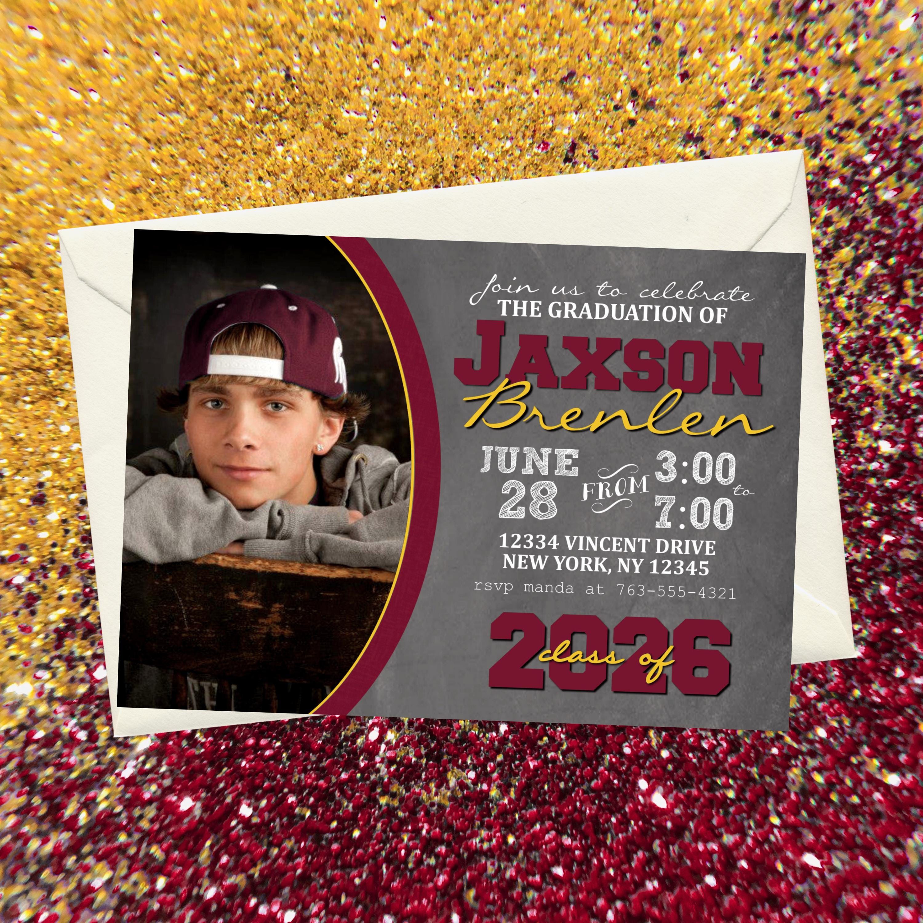 Maroon & Gold Graduation Chalkboard Invitations - EDITABLE INSTANT ...