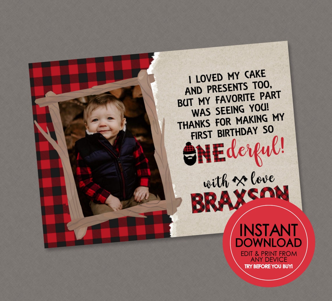 Lumberjack Birthday Photo Thank You Card - EDITABLE INSTANT DOWNLOAD ...