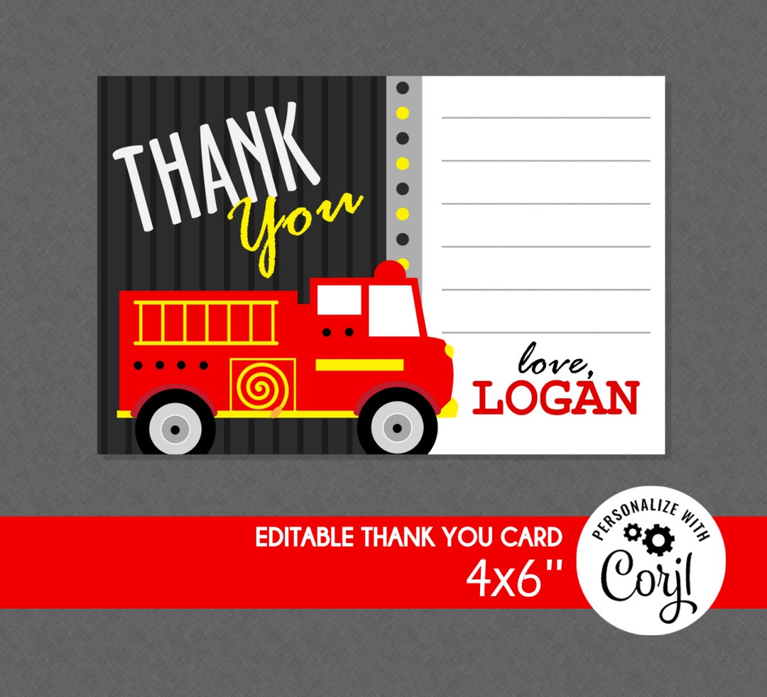 Firetruck Thank You - EDITABLE INSTANT DOWNLOAD - Fire Engine, Fire ...