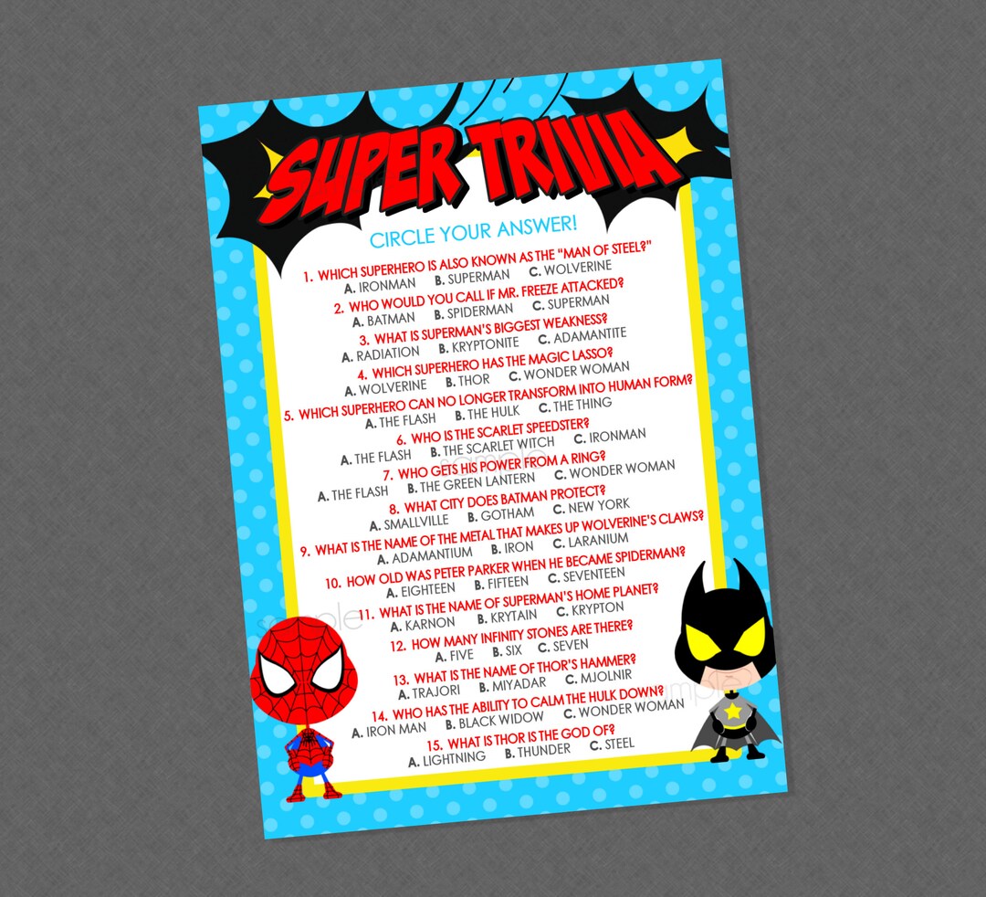 Superhero Trivia Party Game INSTANT DOWNLOAD Superhero Baby Shower ...