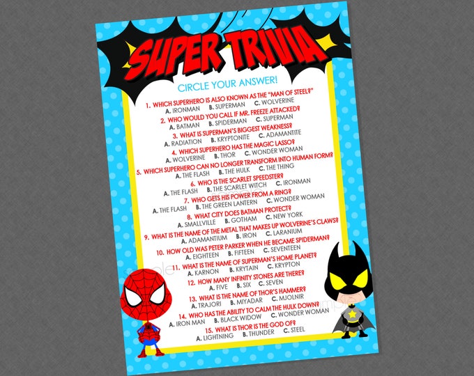 Superhero Trivia Party Game - INSTANT DOWNLOAD - Superhero Baby Shower ...