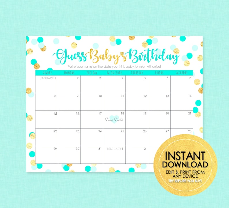 Teal & Gold Guess Baby's Birthday Shower Game EDITABLE - Etsy