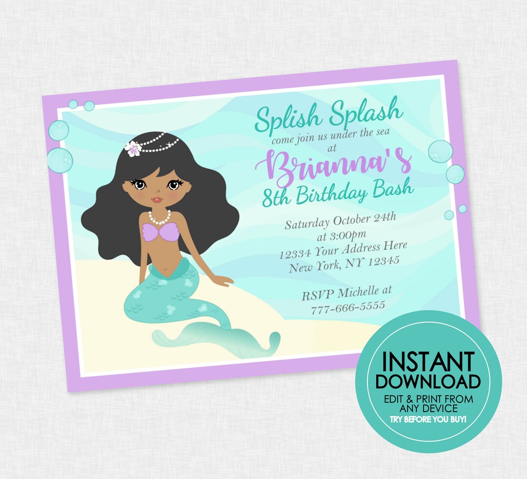 Mermaid Birthday Invitation - EDITABLE INSTANT DOWNLOAD - Mermaid Party ...