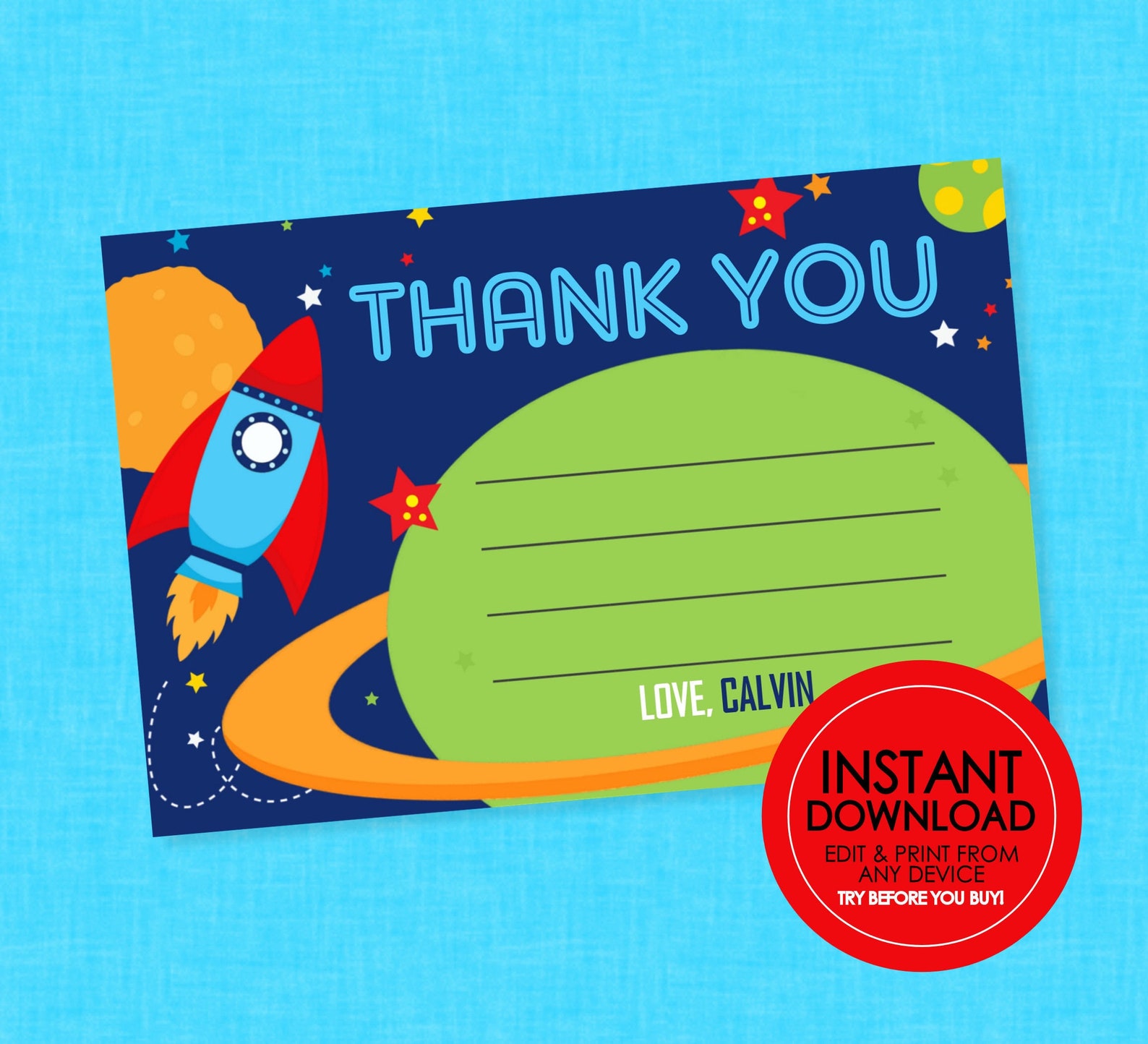Space Birthday Thank You EDITABLE INSTANT DOWNLOAD Outer - Etsy