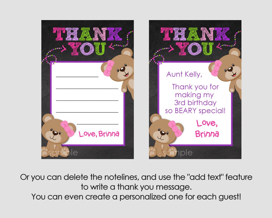 Girl Teddy Bear Thank You - EDITABLE INSTANT DOWNLOAD - Bear Thank You ...