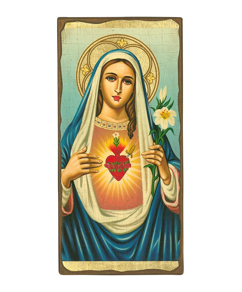 Catholic Icon Immaculate Heart of Virgin Mary 28X15 Cm Aged - Etsy