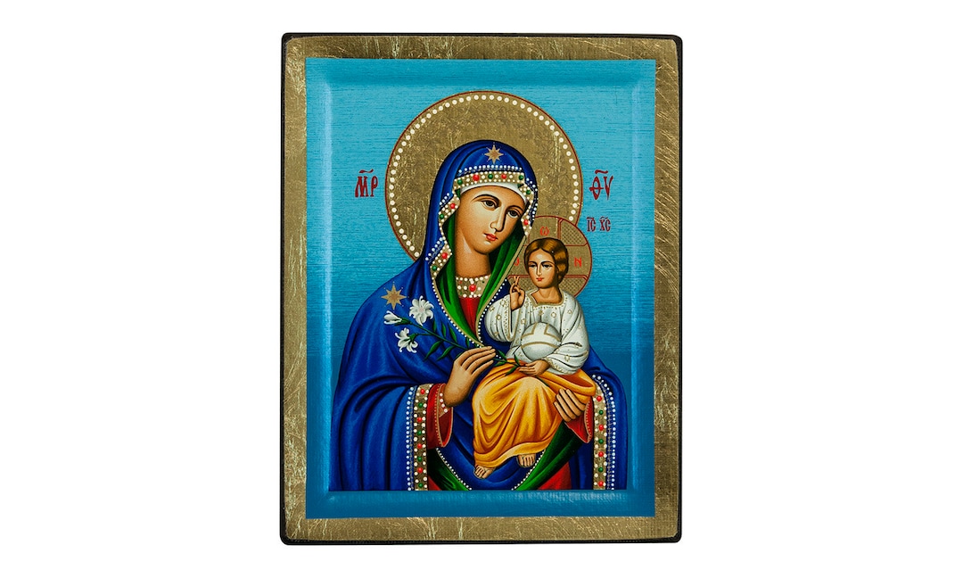 Russische Ikone, Jungfrau Maria Ewige Blüte 19x15 cm. Byzantinische Ikone, handgemachte Ikone ...