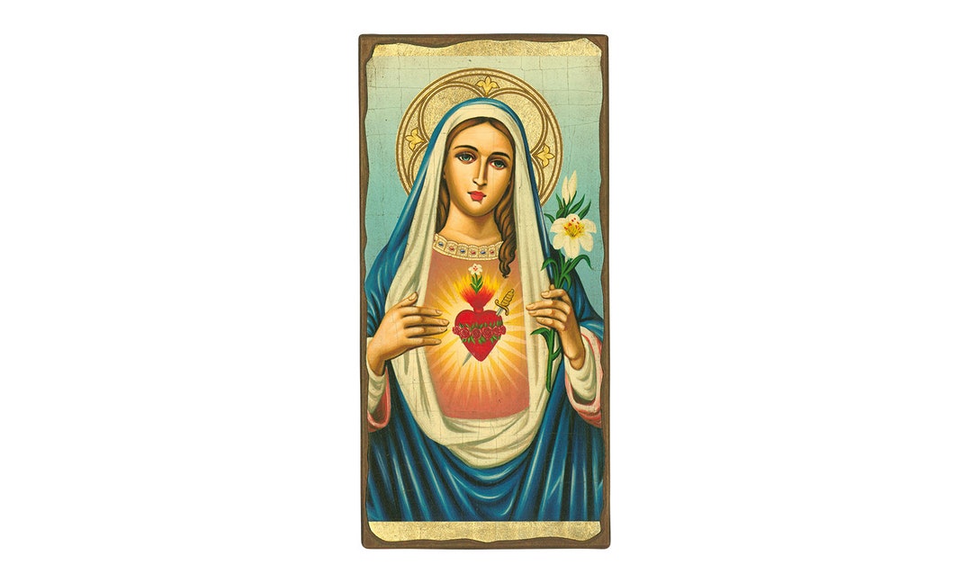 Catholic Icon, Immaculate Heart of Virgin Mary 28X15 Cm, Aged Handmade ...
