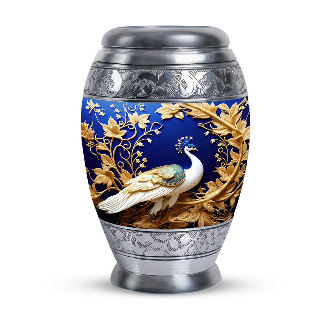 Peacock Cremation Urn for Adults - Luxurious Gold & Blue Large Urn 10 ...