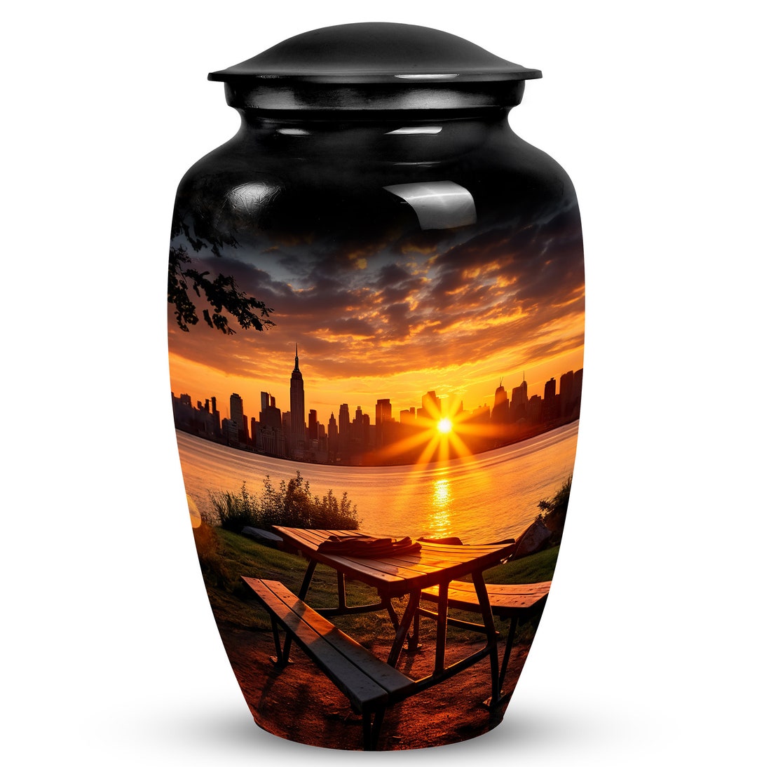 Urban City Beach Sunset Cremation Urn - 10" Large Funeral Memorial ...