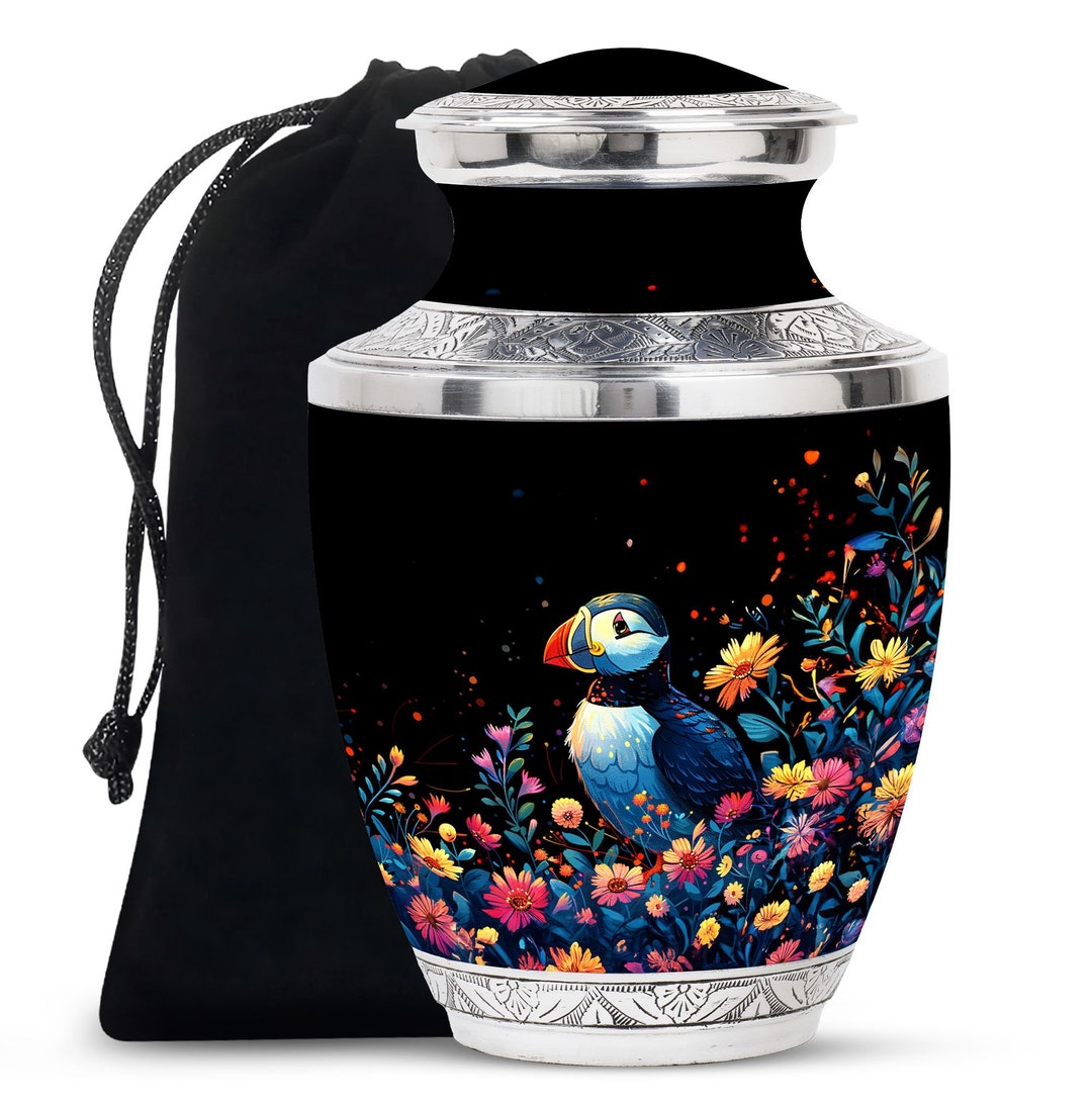 Colorful Puffin Bird With Flowers Urn for Human Ashes, Metal Funeral ...
