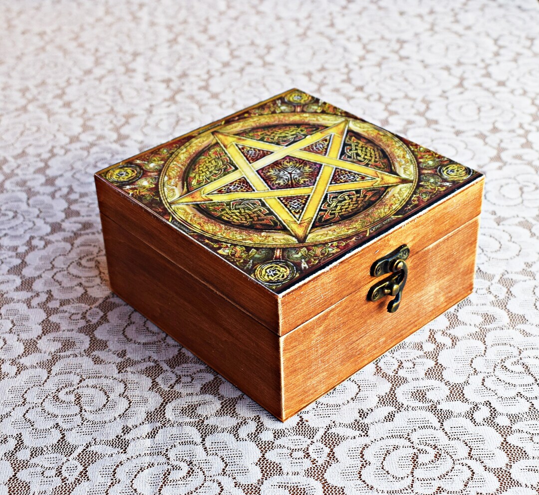 Pentagram Altar Witch Box, Pentagram Carved Wooden Jewelry Box ...
