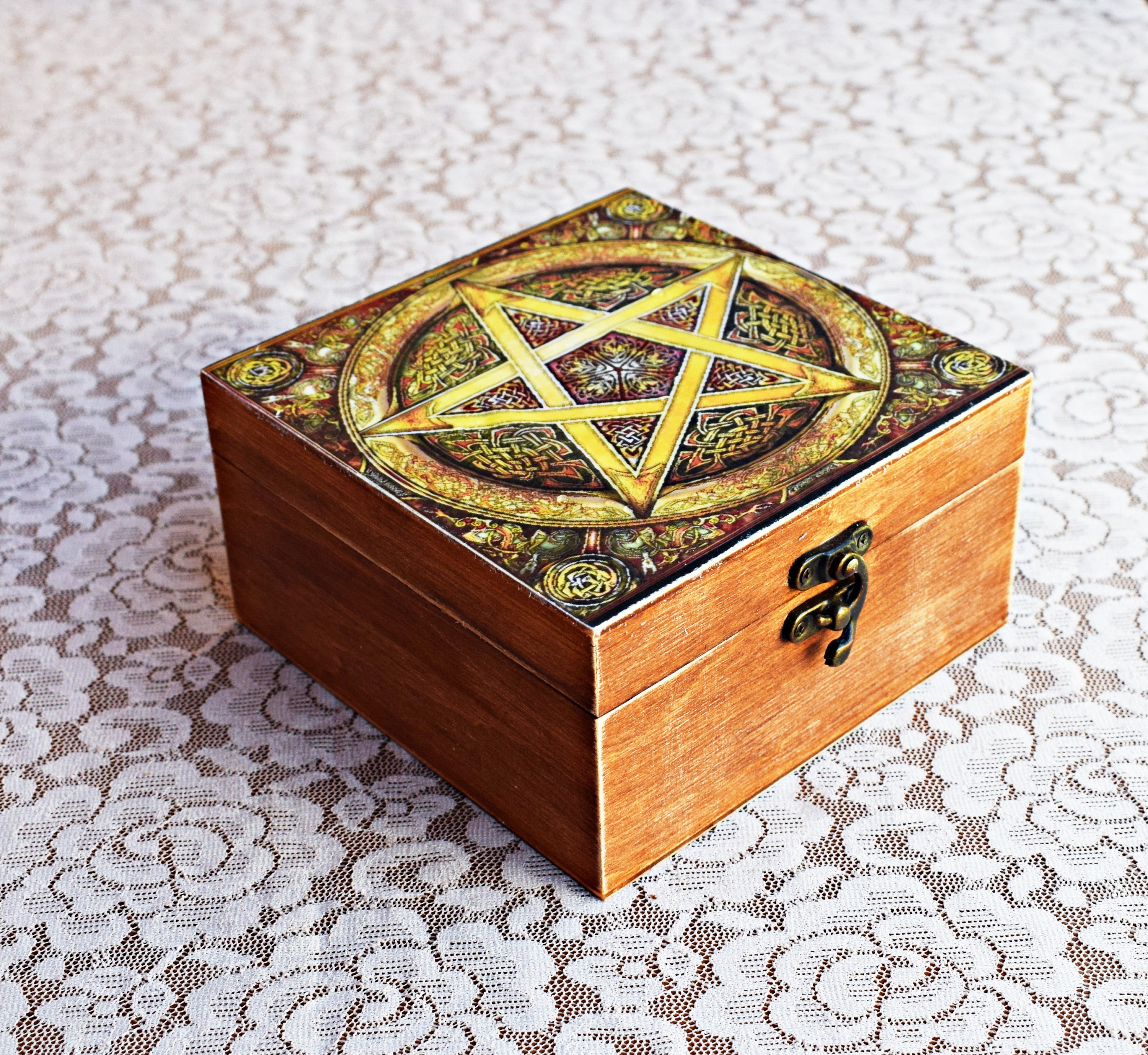 Pentagram Altar Witch Box, Pentagram Carved Wooden Jewelry Box ...