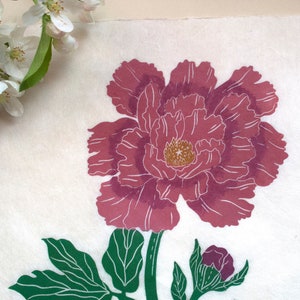 Peony Linocut Print in Vintage Pink on Beautiful Lokta Paper. - Etsy