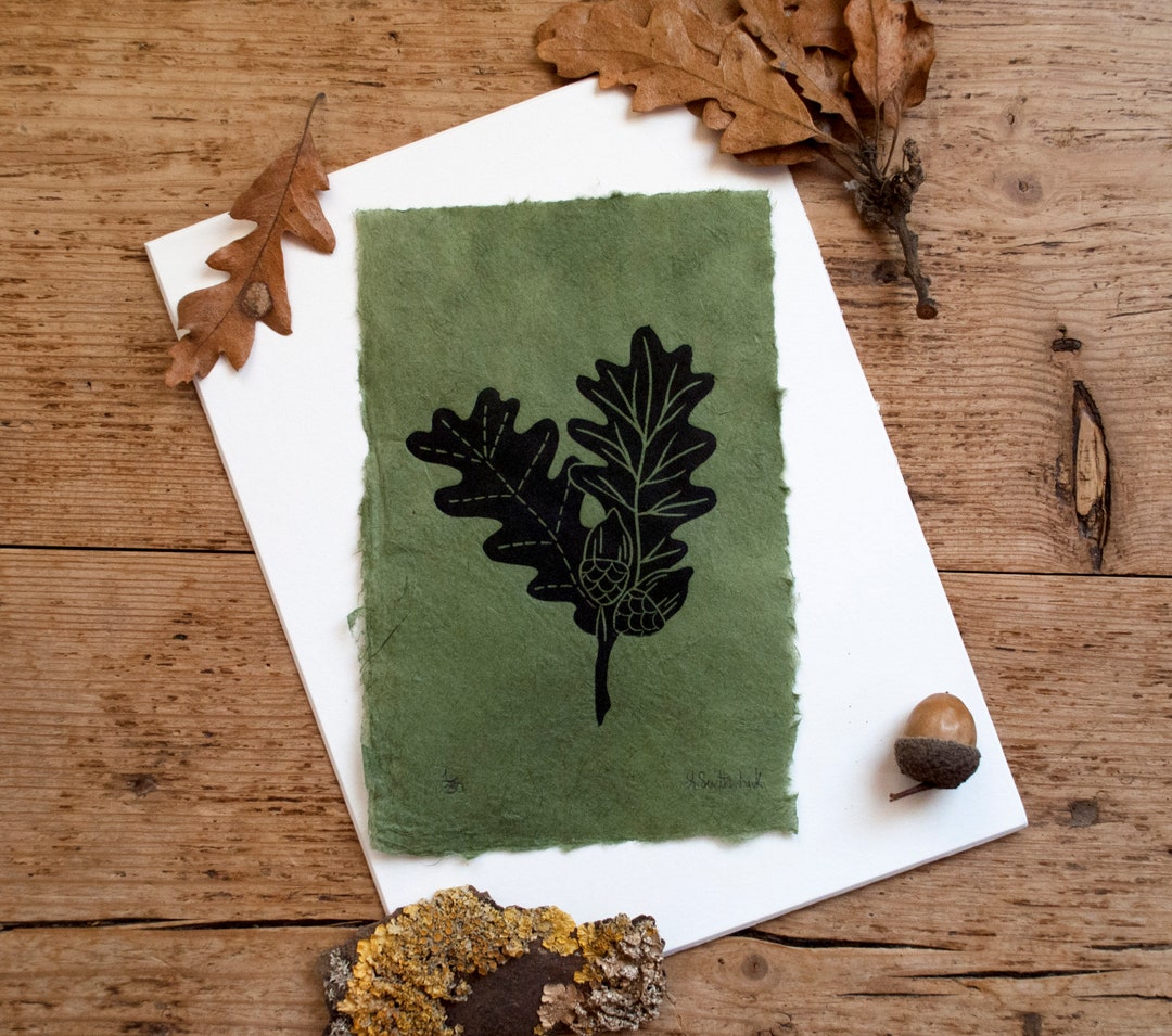 Mini Oak Leaf and Acorn Lino Print Hand Printed on Olive Lokta Paper ...