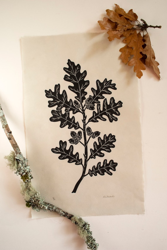 Oak Branch Linocut Print on Green Japanese Kitakata Paper | Etsy