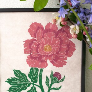 Peony Linocut Print in Vintage Pink on Beautiful Lokta Paper. - Etsy