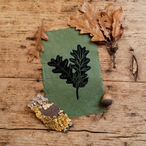 Mini Oak Leaf and Acorn Lino Print Hand Printed on Olive Lokta Paper ...
