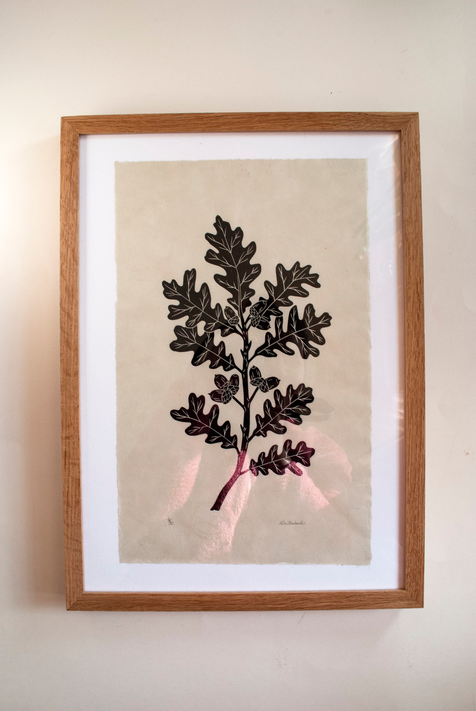 Oak Branch Linocut Print on Green Japanese Kitakata Paper - Etsy