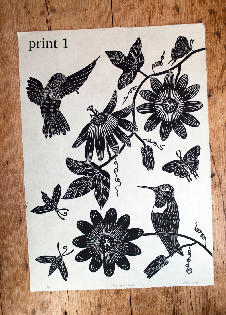 DISCOUNTED Humming Bird Garden Linoprint on Green Kitakata Paper. Wall ...