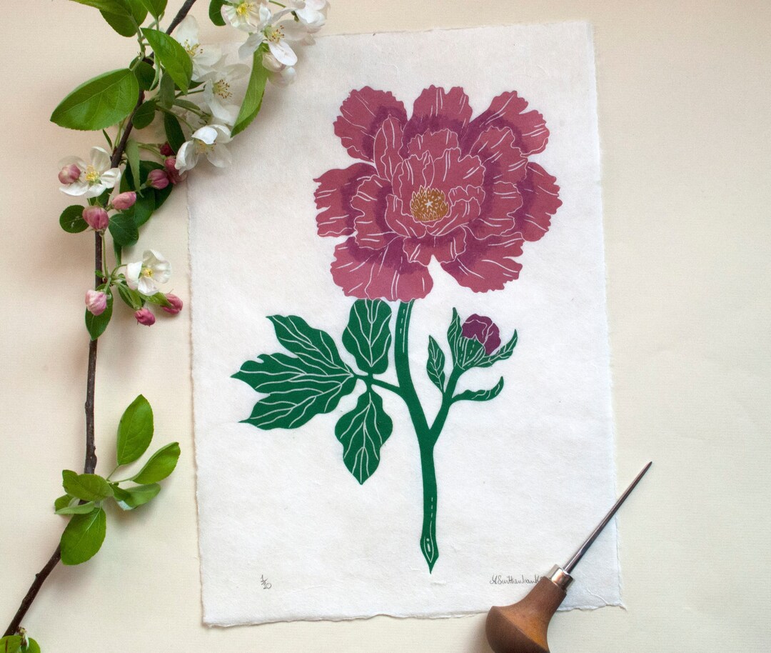 Peony Linocut Print in Vintage Pink on Beautiful Lokta Paper. - Etsy