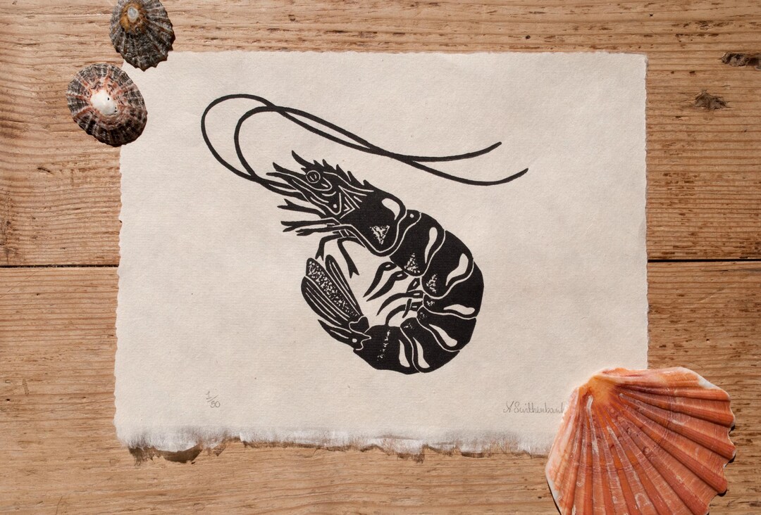 Prawn Linocut Print in Black on Kitakata Paper. Wall Art, Handmade ...