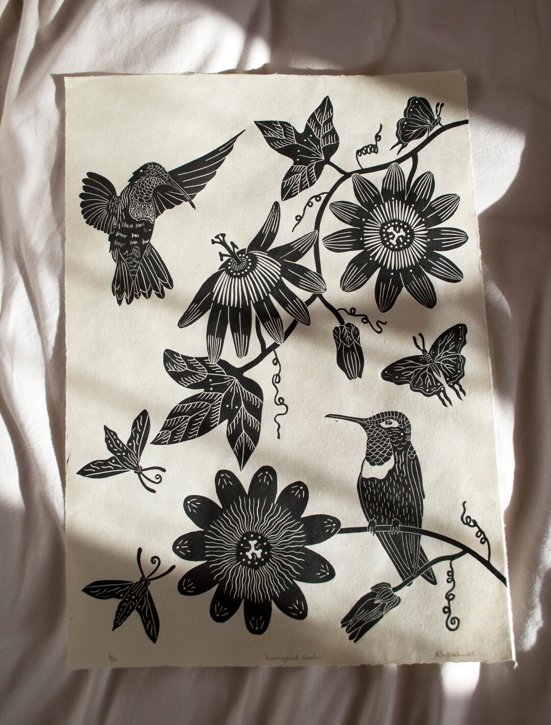 DISCOUNTED Humming Bird Garden Linoprint on Green Kitakata Paper. Wall ...