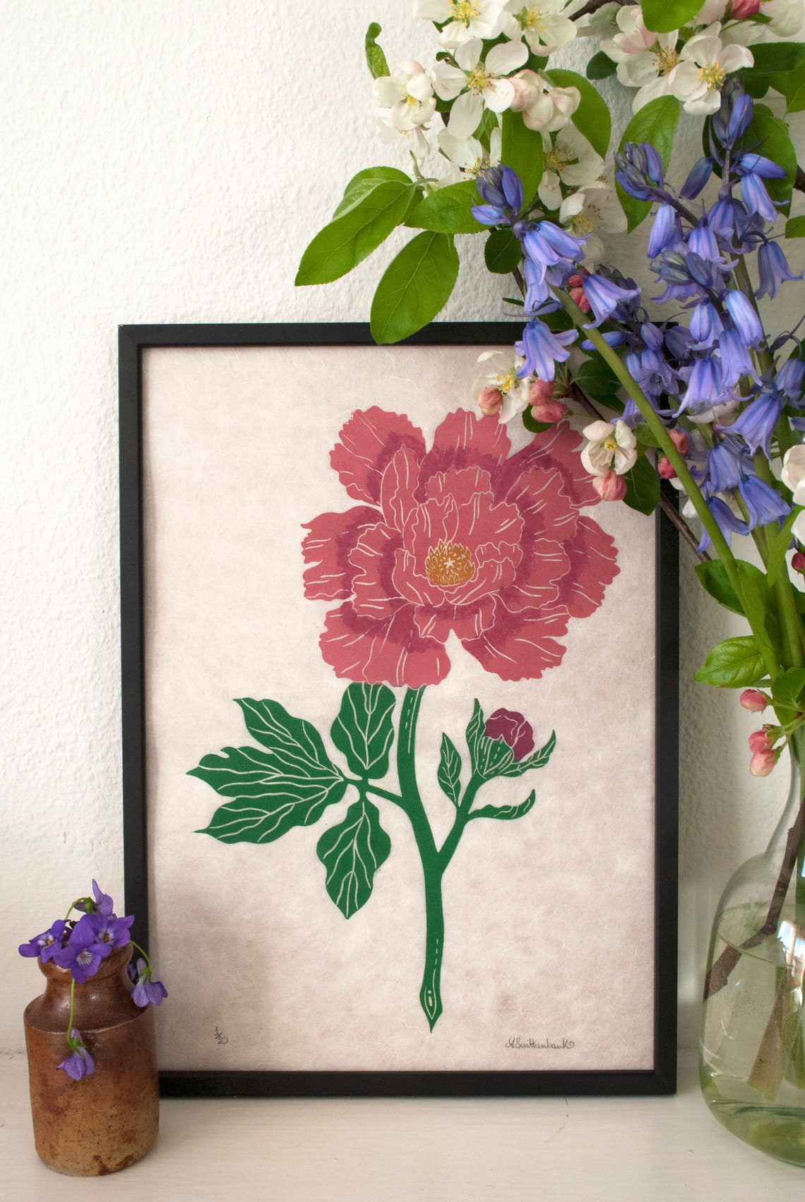Peony Linocut Print in Vintage Pink on Beautiful Lokta Paper. - Etsy