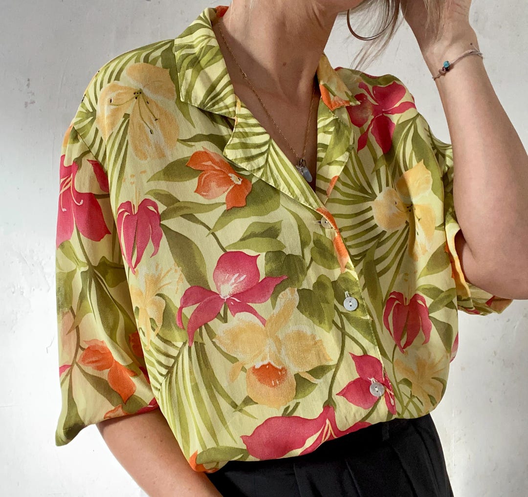 Beautiful Transparent Vintage Blouse With Floral Print Green Yellow ...