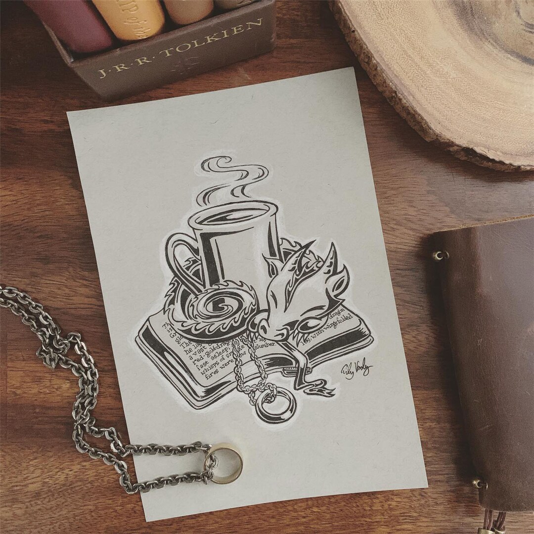 Hobbit-themed Dragon Ink Drawing hand-accented Print - Etsy