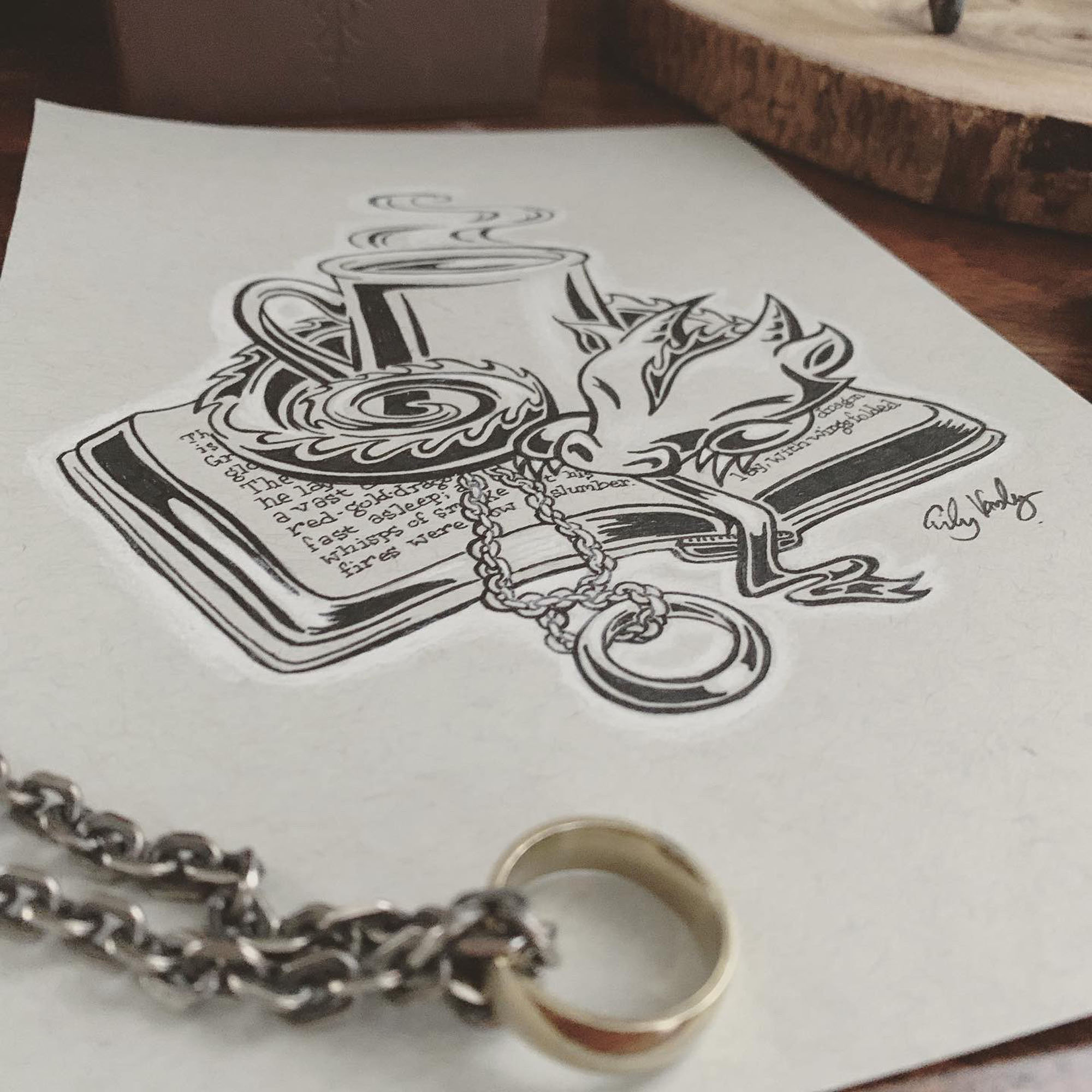 Hobbit-themed Dragon Ink Drawing hand-accented Print | Etsy