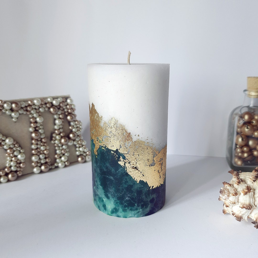Teal Gold Pillar Candles. Decorative Candles for Teal Gold Decor or ...