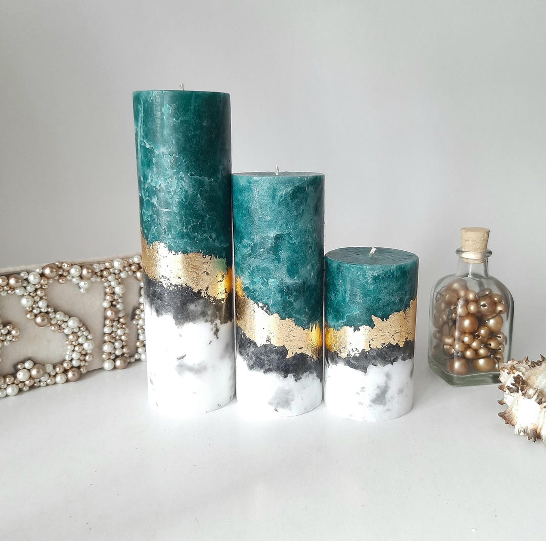 Teal Pillar Candles. Set of 3 Unique Candle. Unscented Candles With ...